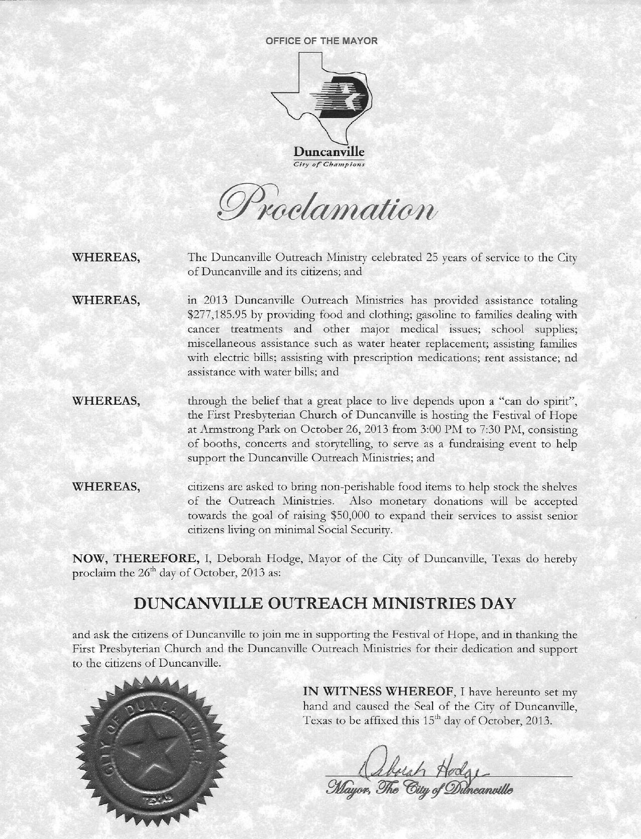 Mayor Deborah Hodge’s Proclamation – First Presbyterian Church Duncanville