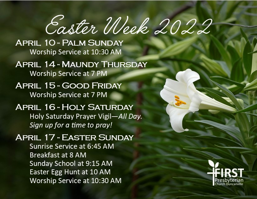 Easter Events Postcard 2022 – First Presbyterian Church Duncanville